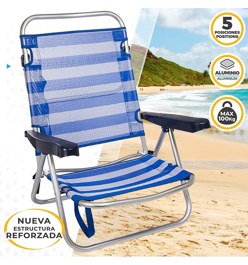 Silla de Playa Plegable 5 posiciones Azul y Blanco