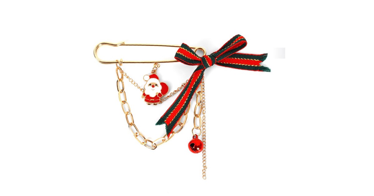 Broche Figuritas de Papa Noel, Lazo y Cascabel de Navidad con Cadenas.