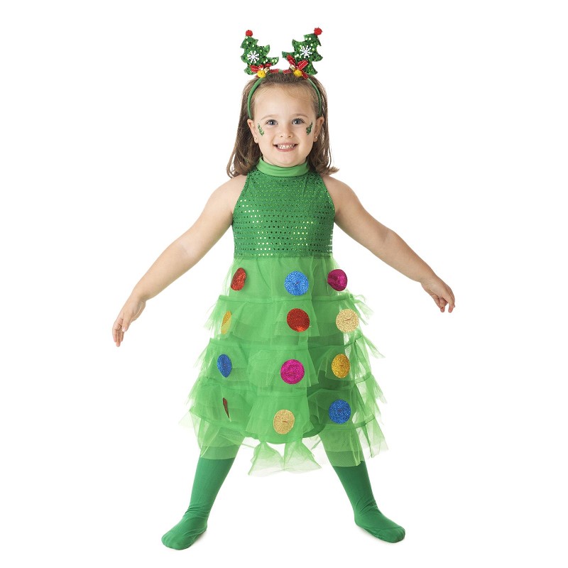 Disfraz de Arbol Navideño Verde con Adornos para Niña - MiDisfraz